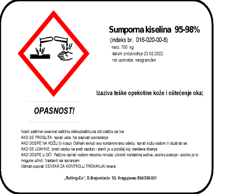 Sumporna kiselina, rastvor 50, 93-98 % - Rolling Co